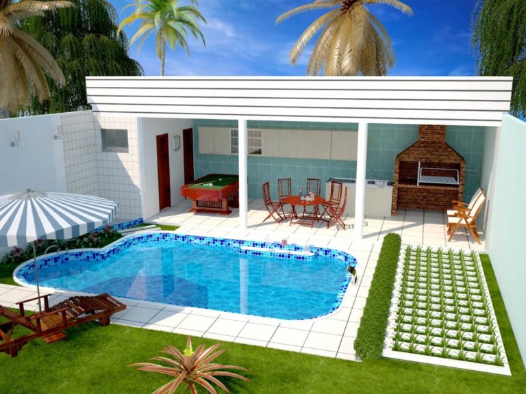 Edícula Com Piscina → em L, Pequena, com Churrasqueira, Plantas
